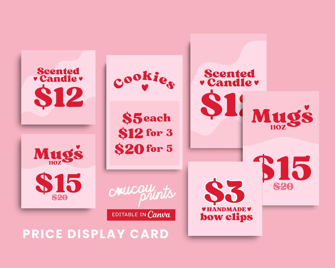 Editable Pink Red Price Display Cards Canva Template, Printable Pop-up ...