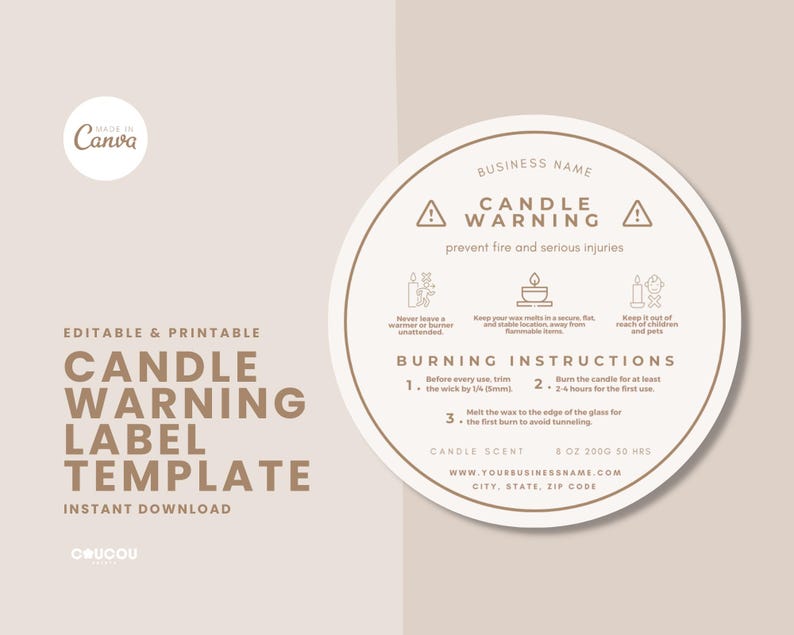 Editable Candle Warning Label Canva Template, Printable Candle Safety ...