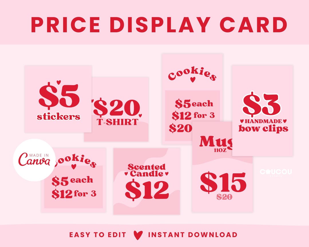 Editable Pink Red Price Display Cards Canva Template, Printable Pop-up ...