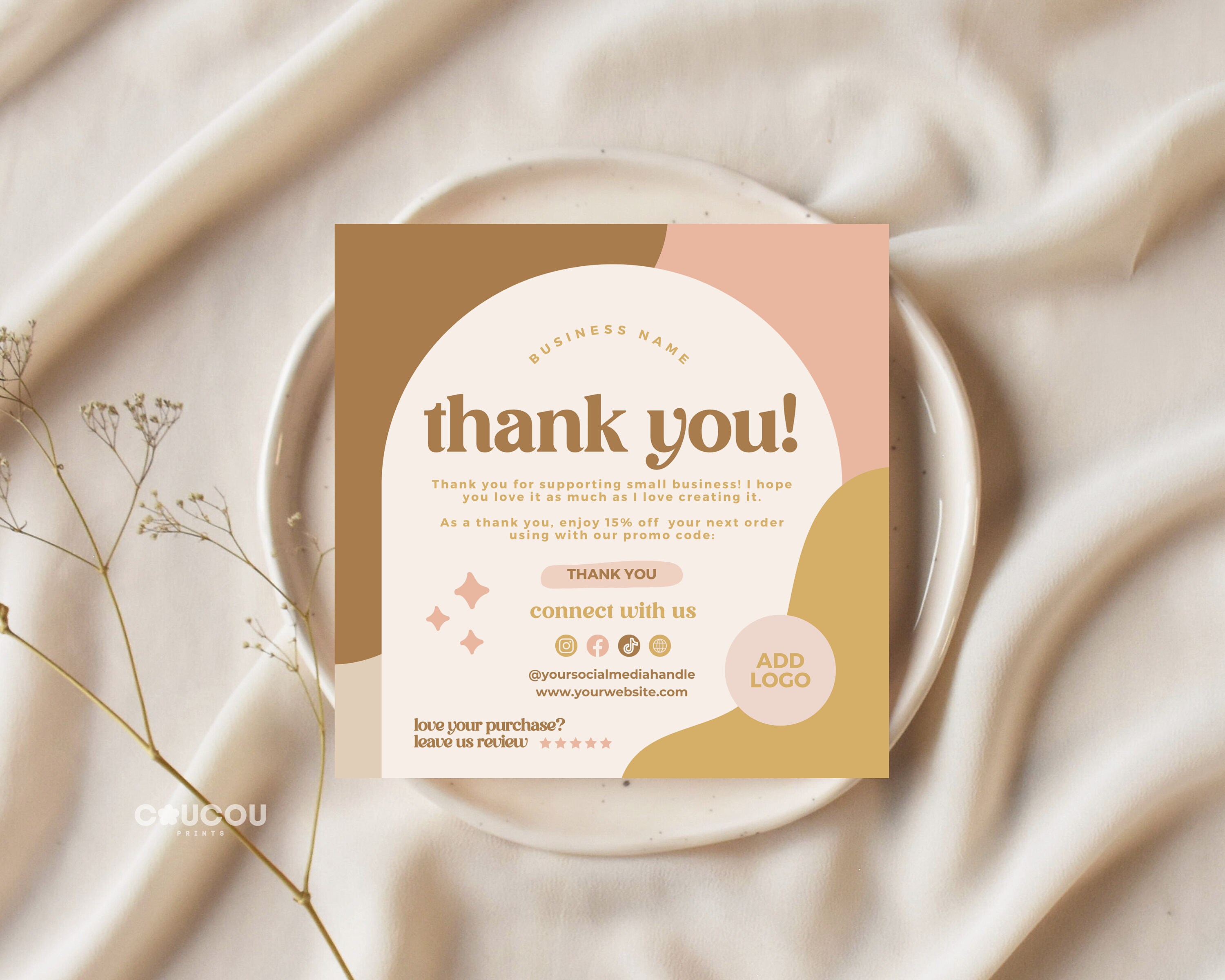 Square Thank You Card Template, Printable Business Thank You Boho ...