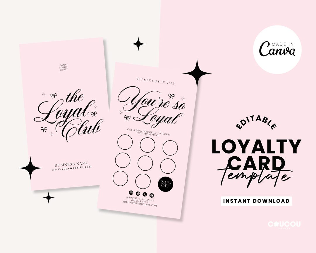 Pink Loyalty Card Template Canva, Editable Customer Punch Card ...