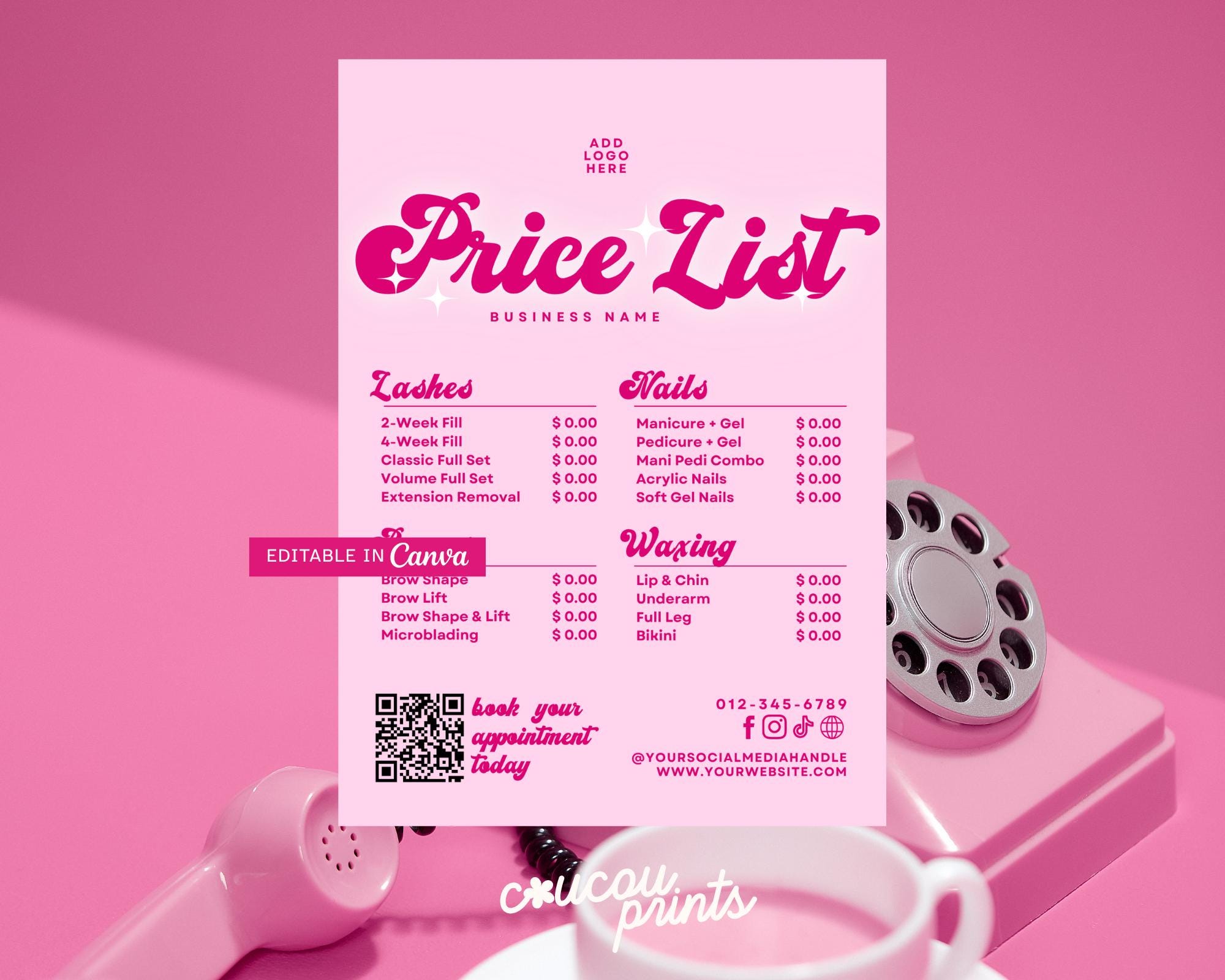 Editable Pink Price List Template Canva, Printable Payment Sign, Beauty ...