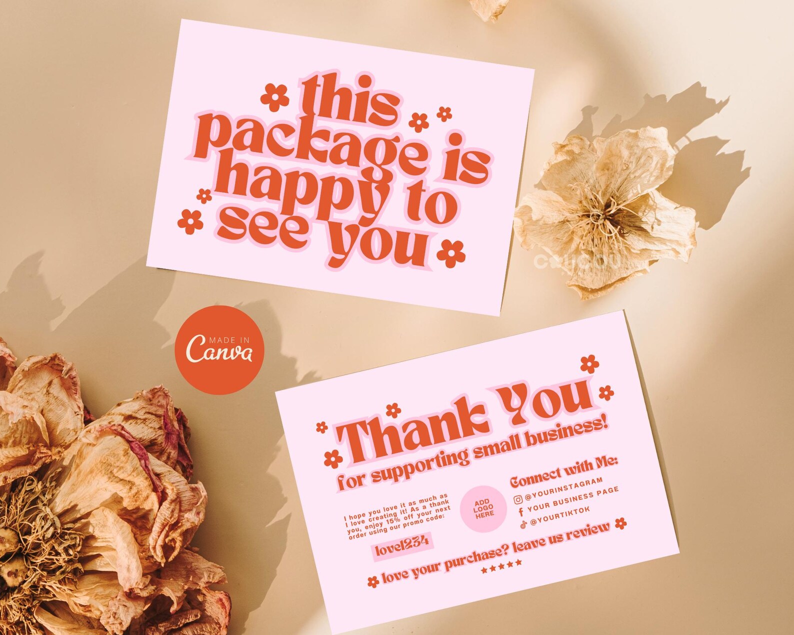 Retro Business Thank You Card Template, Editable Packaging Insert ...