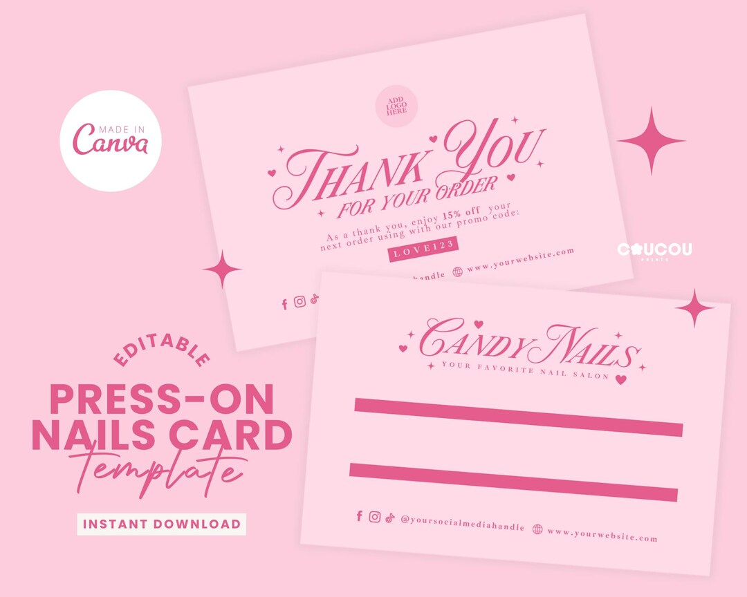 Pink DIY Press on Nails Card Templates, Editable Stick the Fake Nails ...