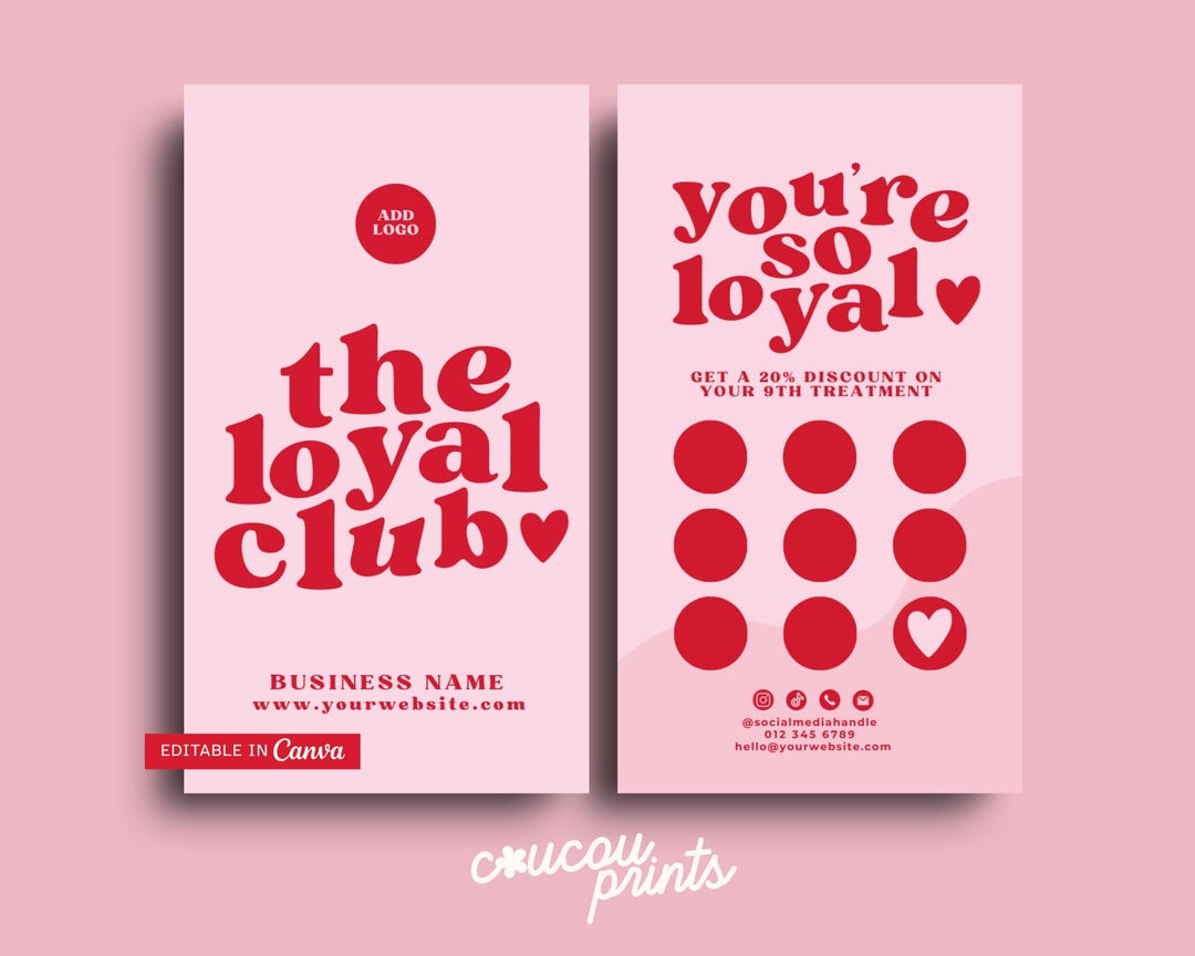 Pink Loyalty Card Template Canva, Editable Customer Punch Card ...