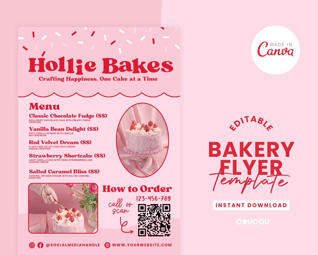 Pink Bakery Marketing Flyer Canva Template, Premade Cupcake Cake ...