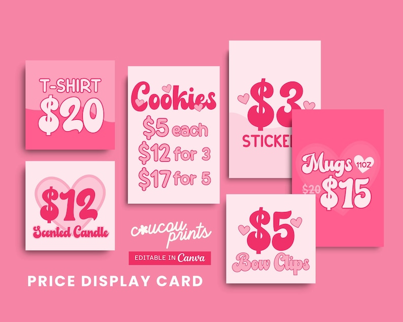 Price Display Cards Editable Canva Template, Pastel Pink Printable ...