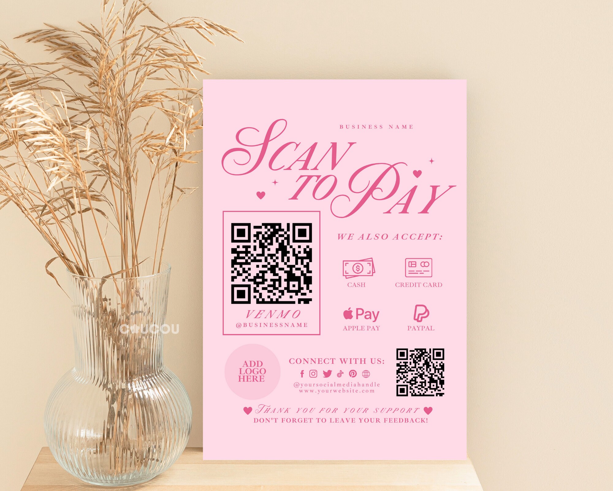 Editable Pink Scan to Pay Card, QR Code Template, Printable Payment ...