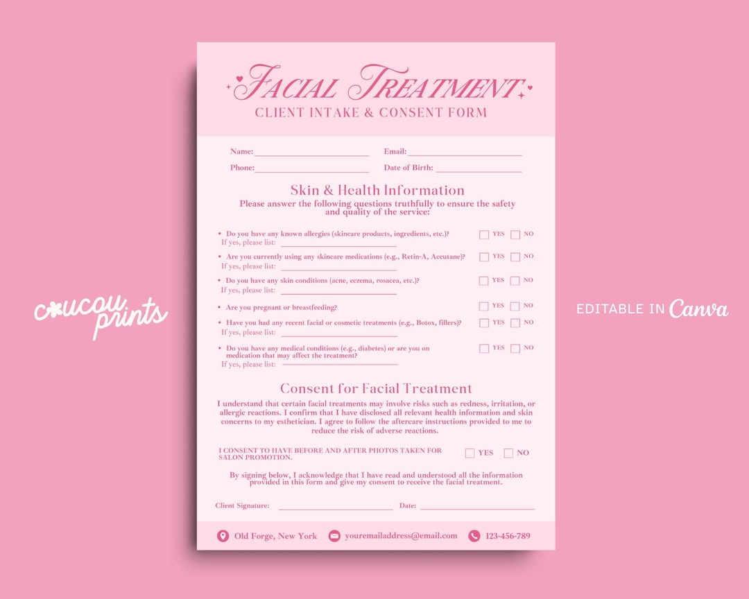 Editable Facial Treatment Forms, Printable Esthetician Templates ...