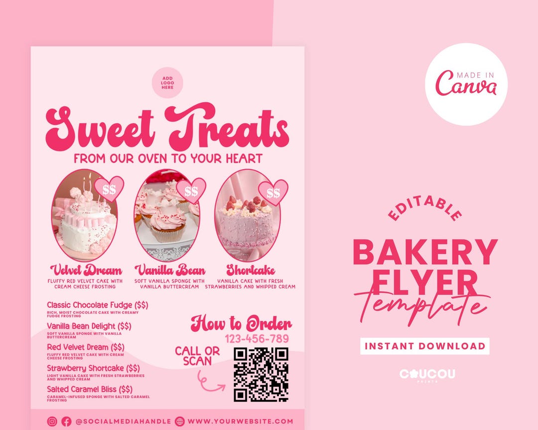 Pink Bakery Marketing Flyer Canva Template, Premade Cupcake Cake ...