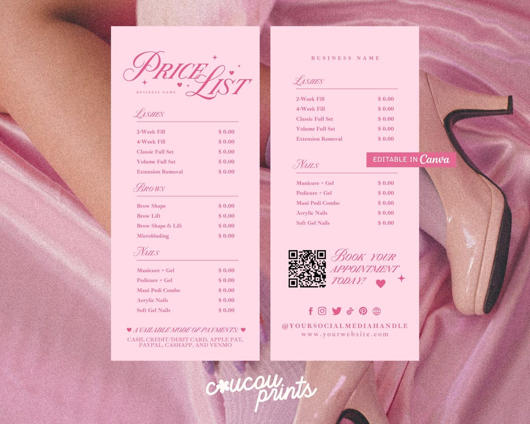 Pink Nail Salon Price List Template Canva, DIY Printable Payment Sign ...