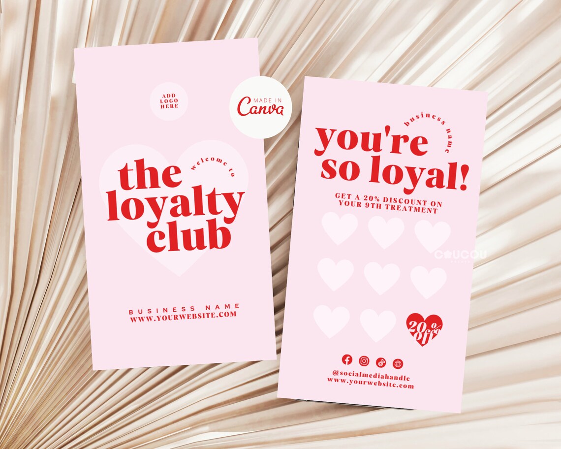 Pink Loyalty Card Template Canva, Editable Customer Punch Card ...