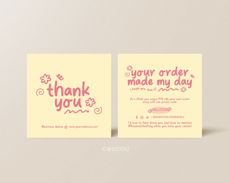 Cute Square Thank You Card Template, Printable Business Thank You ...