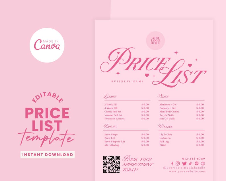 Editable Pink Price List Template Canva, Printable Payment Sign, Beauty ...