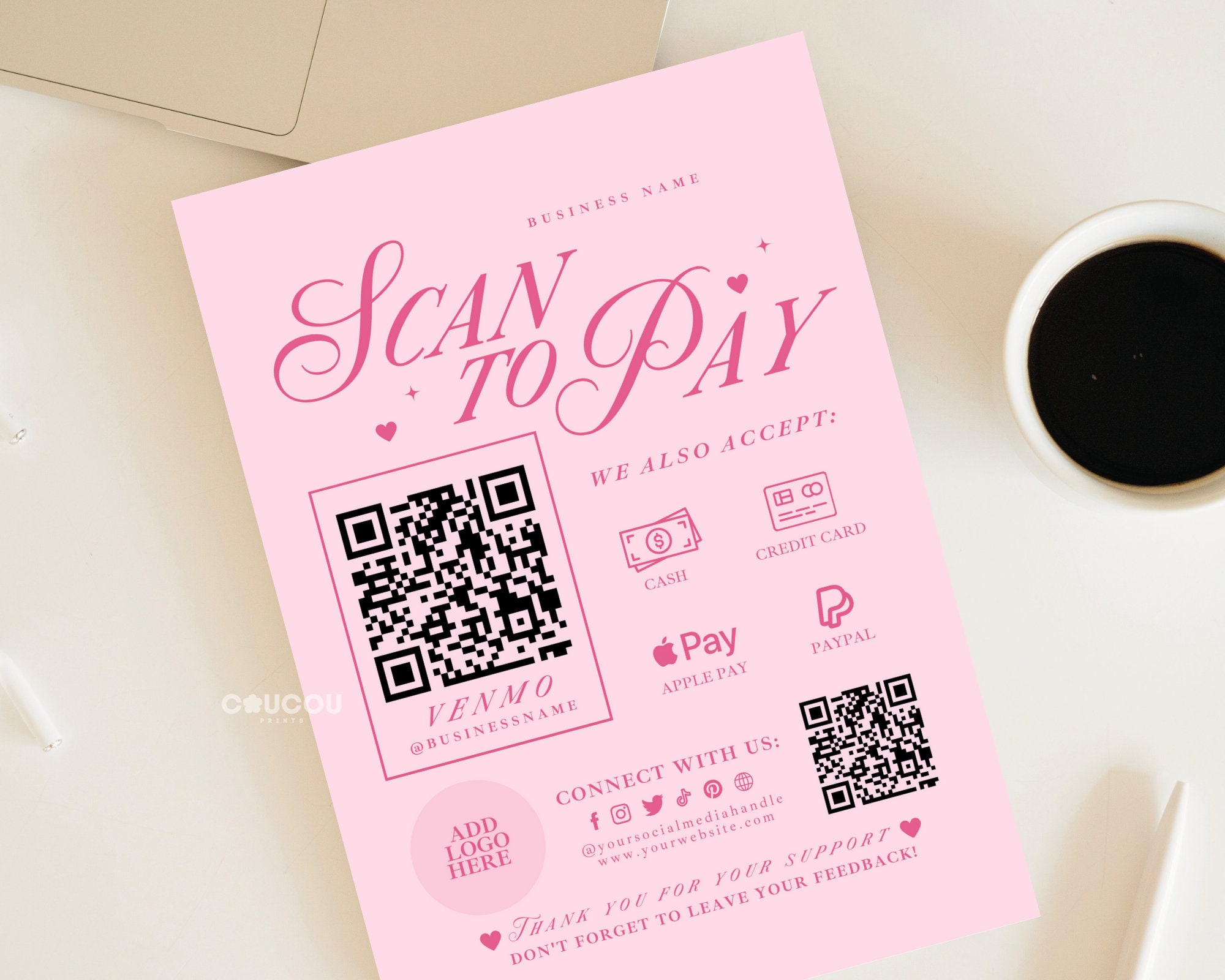 Editable Pink Scan to Pay Card, QR Code Template, Printable Payment ...