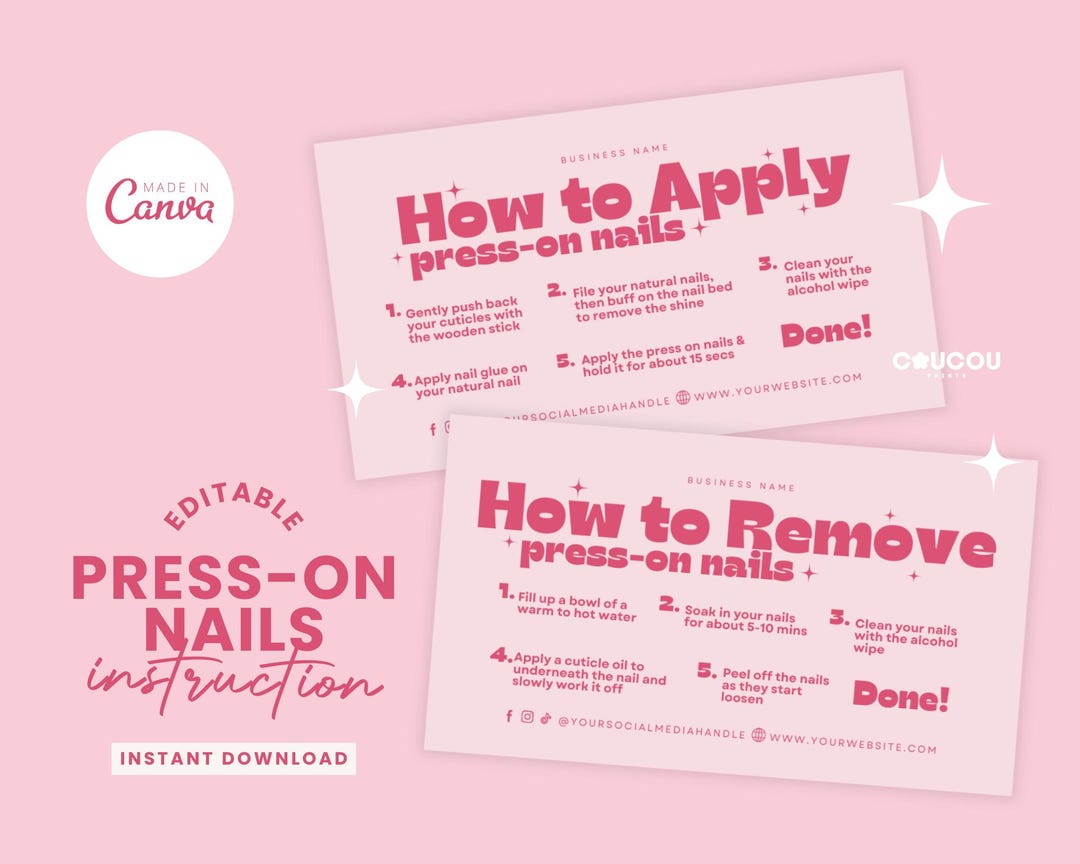 DIY How to Apply Press on Nails Instructions Card, Editable Fake Nails Instruction Guide ...