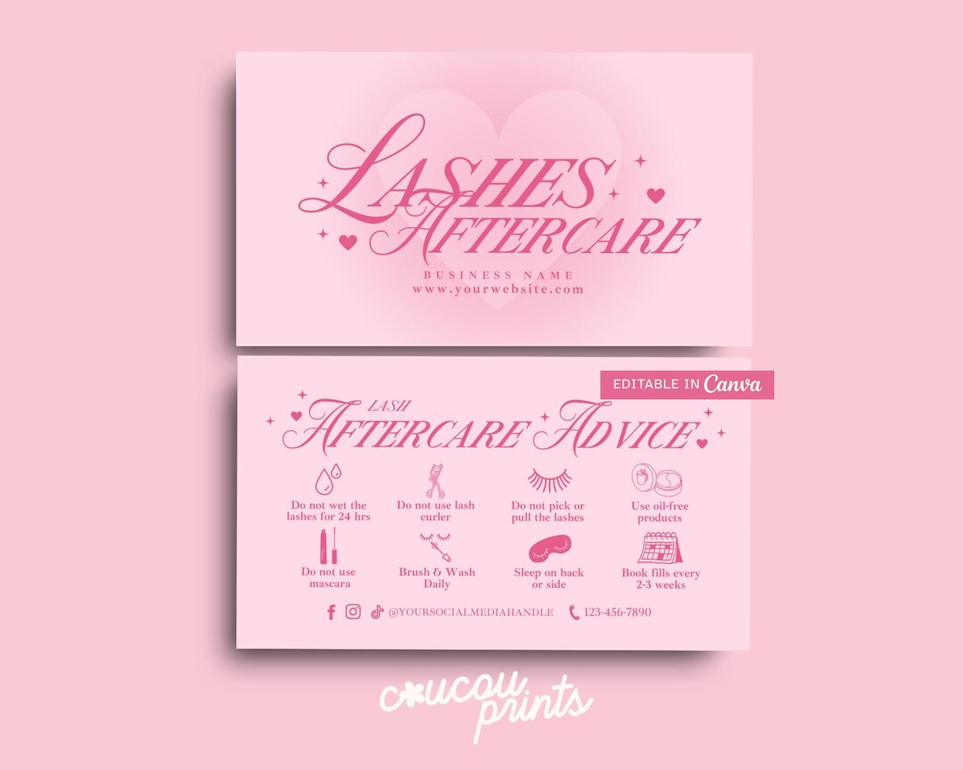 Editable Lash Aftercare Card Template, Printable Aftercare Lash Cards ...