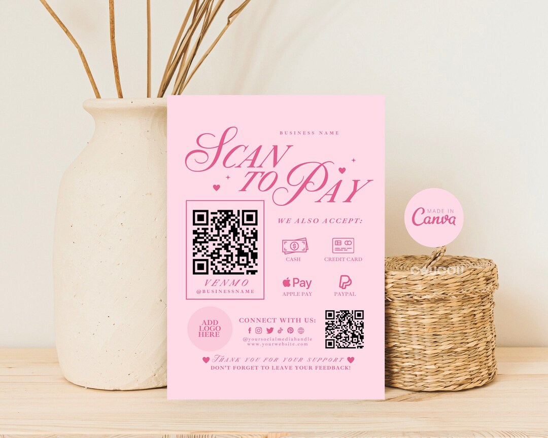 Editable Pink Scan to Pay Card, QR Code Template, Printable Payment ...