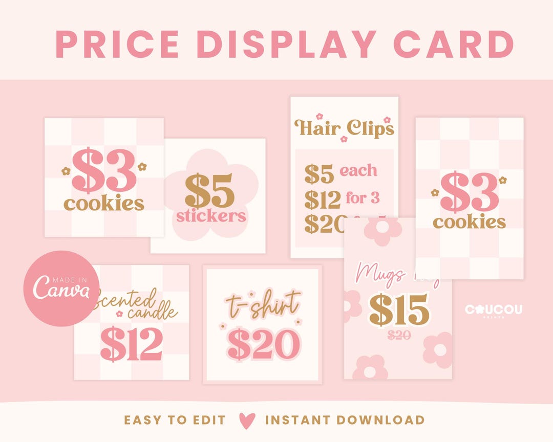 Cute Price Display Cards Editable Canva Template, Pastel Pink Printable ...