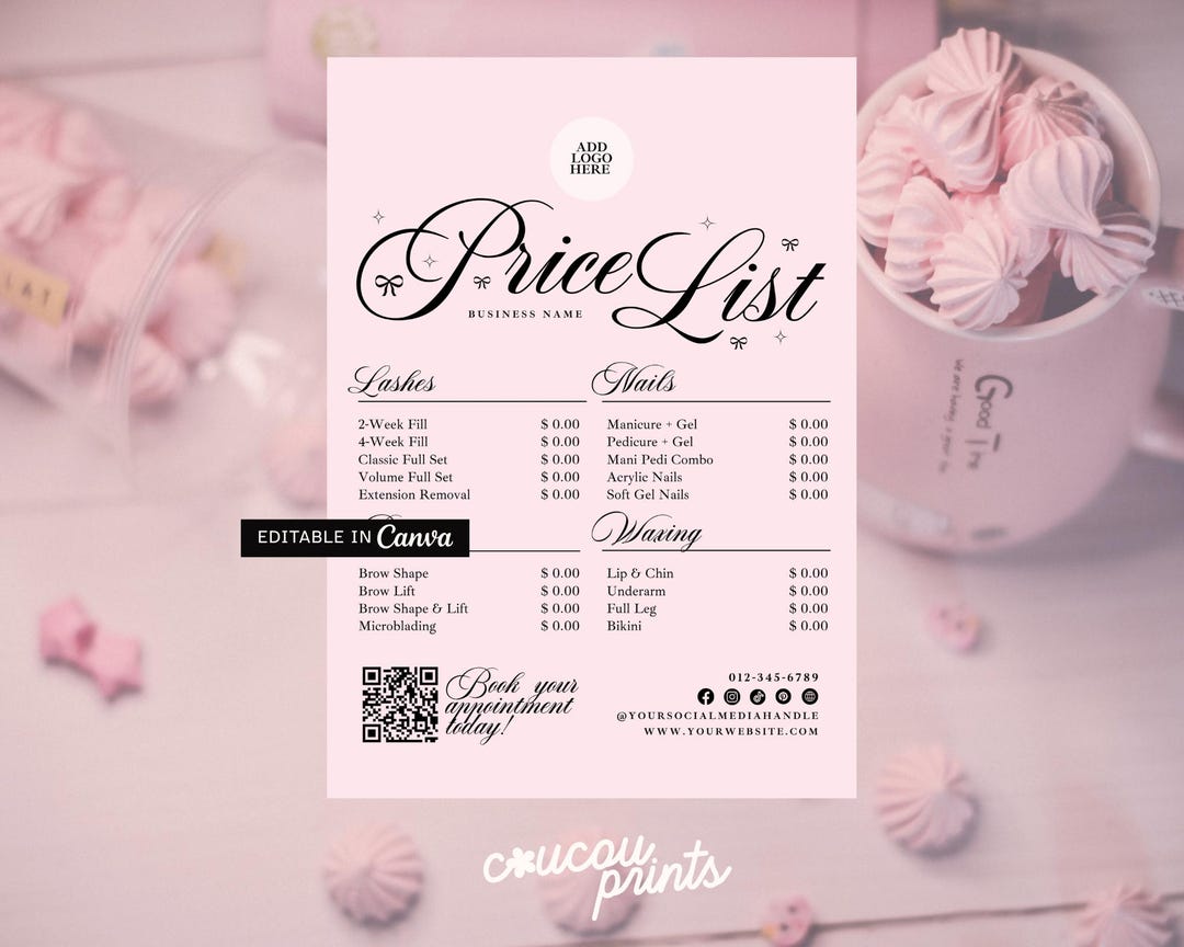 Editable Pink Price List Template Canva, Printable Payment Sign, Beauty ...