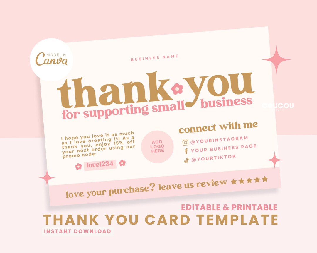 Editable Business Thank You Card Template, Custom Thank You Package Insert Card, Printable ...