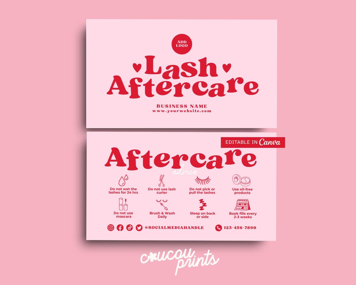 Lash Aftercare Card Template, Editable Lash Extension Card Printable ...