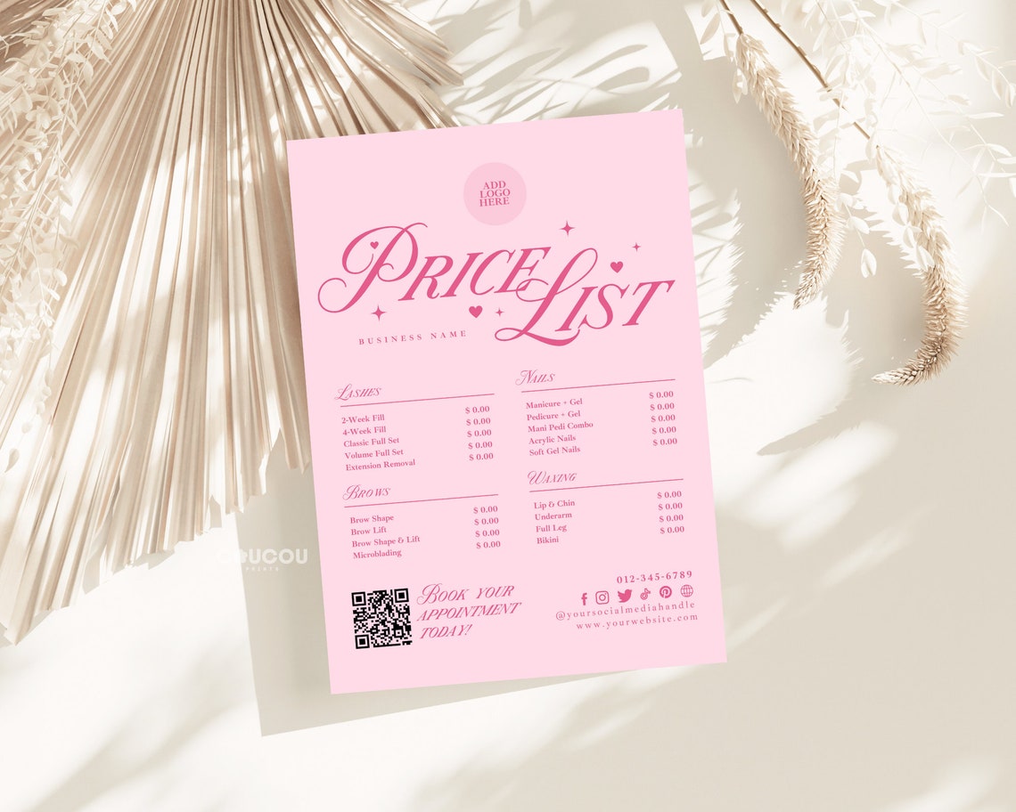 Editable Pink Price List Template Canva, Printable Payment Sign, Beauty ...