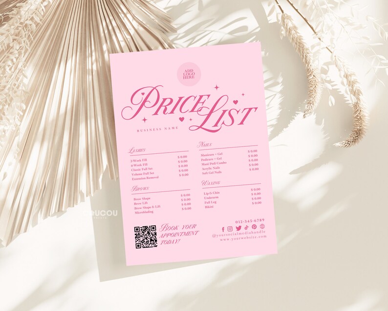 Editable Pink Price List Template Canva, Printable Payment Sign, Beauty ...