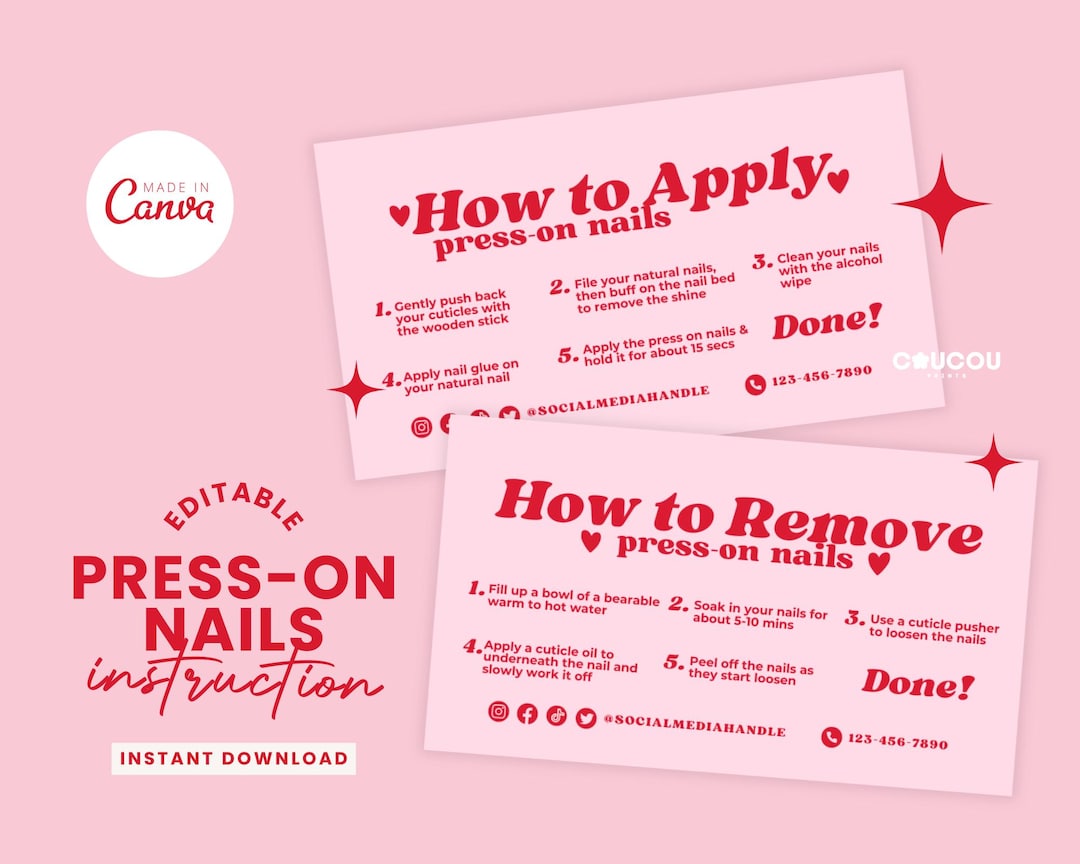 DIY How to Apply Press on Nails Instructions Card, Editable Fake Nails ...