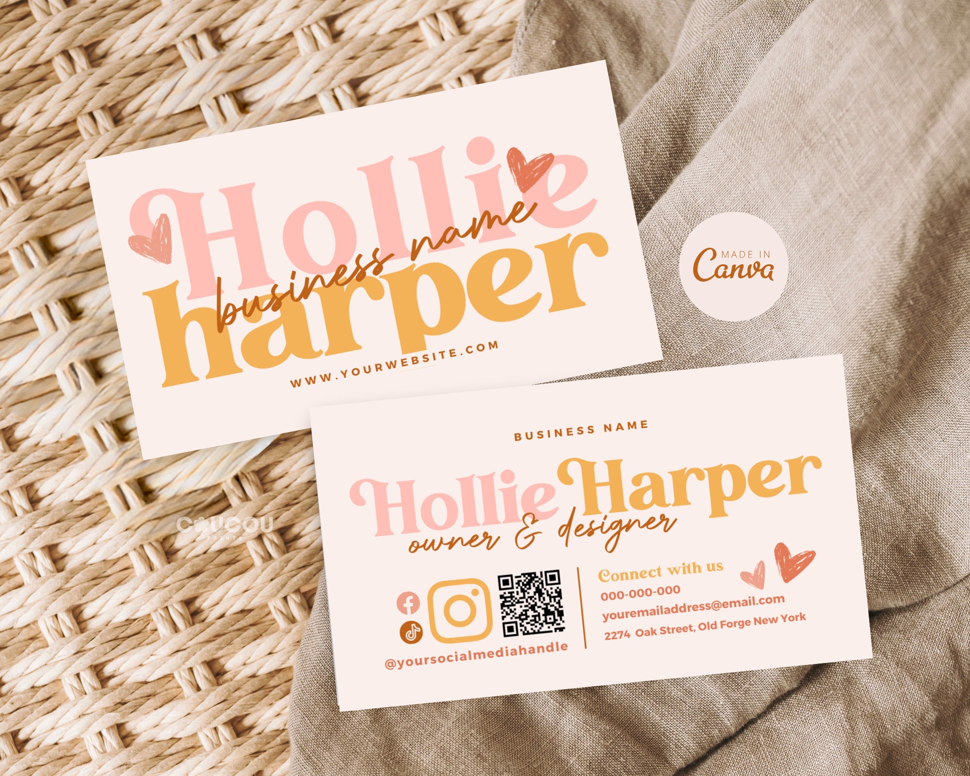 Editable Boho Business Card Canva Template, Colorful Printable Business ...