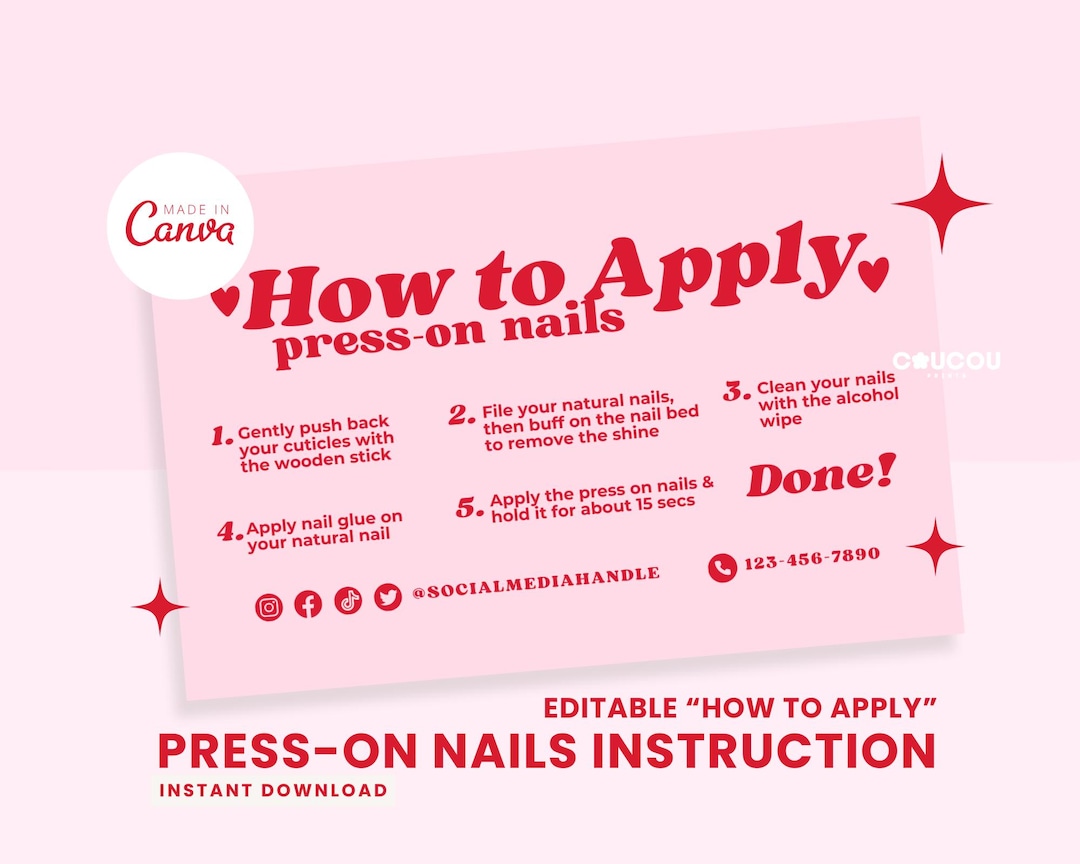 DIY How to Apply Press on Nails Instructions Card, Editable Fake Nails Instruction Guide ...