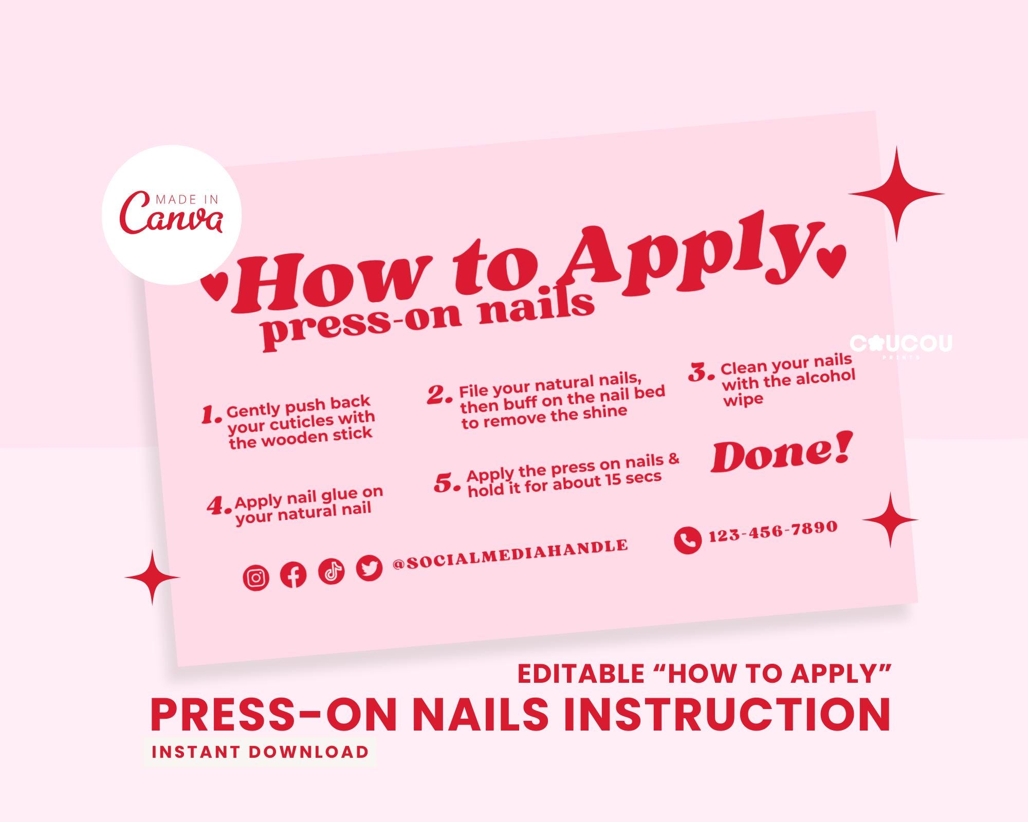 DIY How to Apply Press on Nails Instructions Card, Editable Fake Nails Instruction Guide ...
