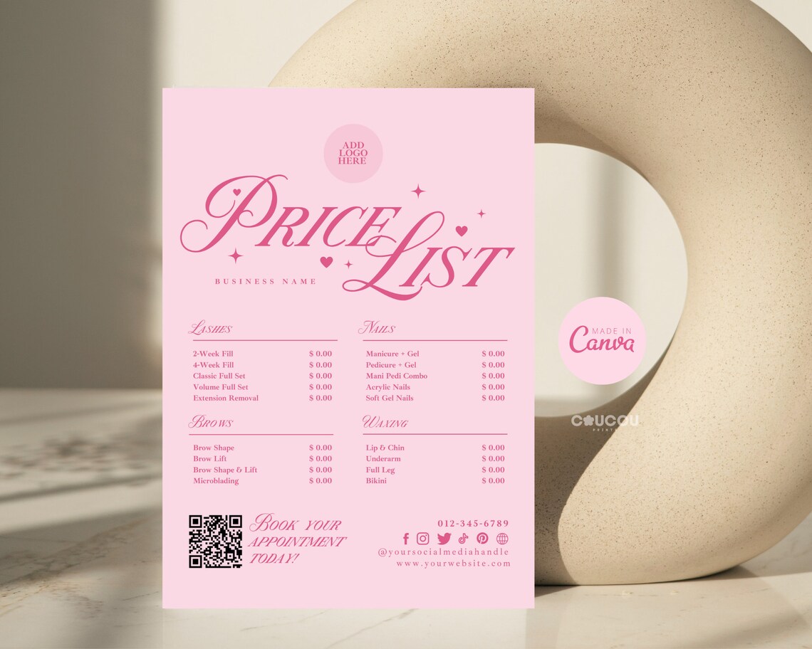 Editable Pink Price List Template Canva, Printable Payment Sign, Beauty ...