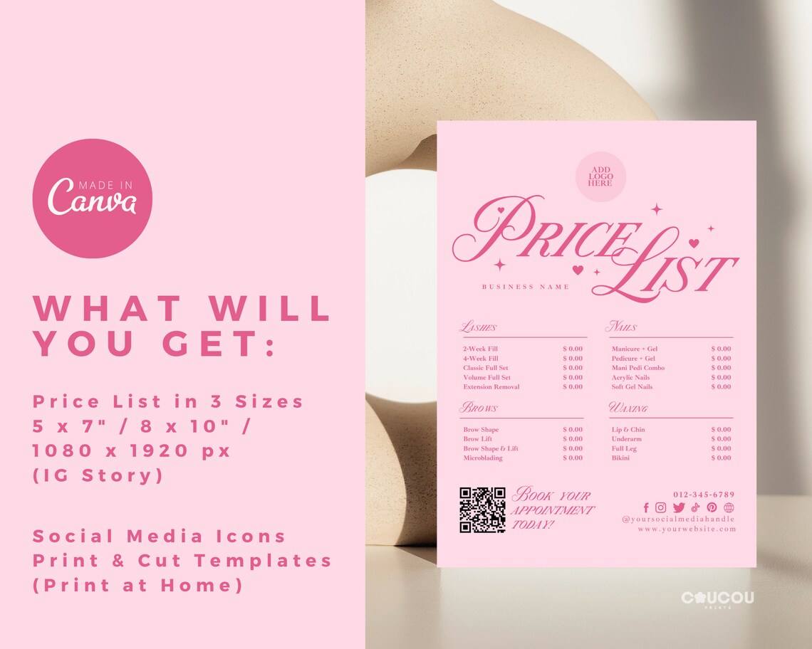Editable Pink Price List Template Canva, Printable Payment Sign, Beauty ...