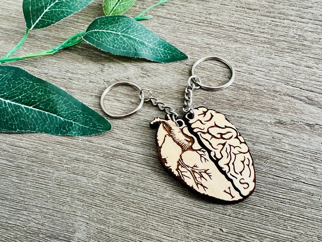 Heart and Brain Split Keyring Personalized Initial Keychain for Couples ...