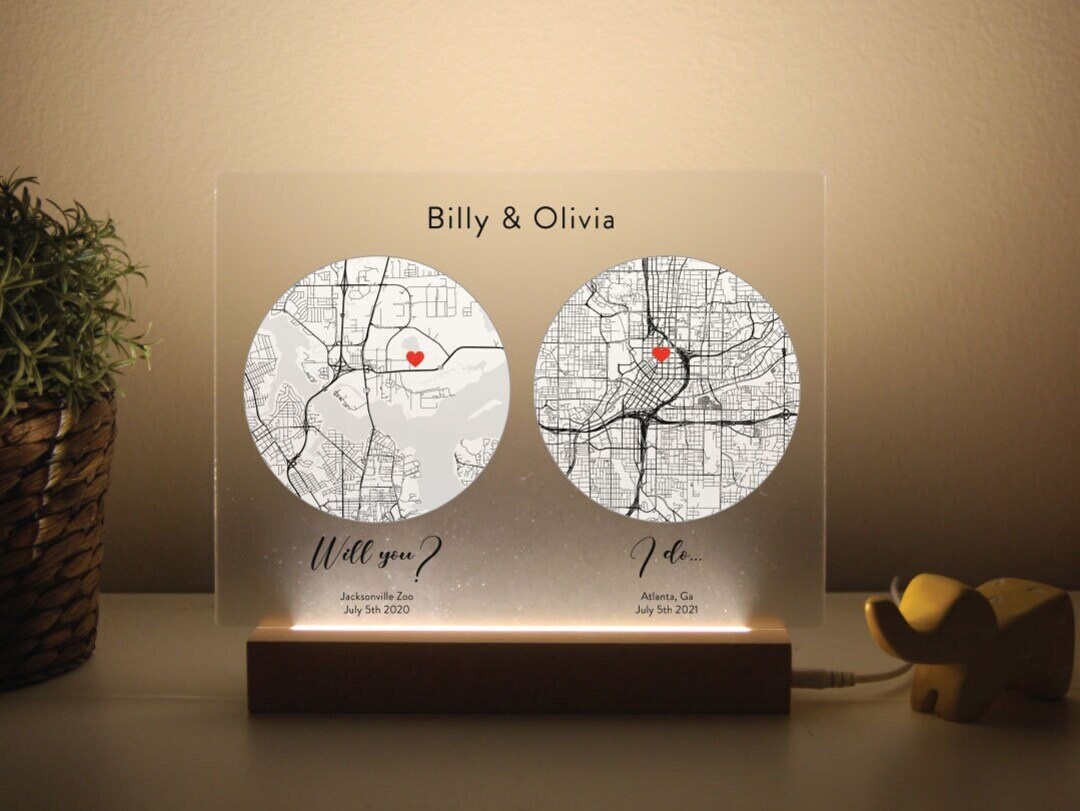 Light up Two Place Maps | Custom Place Map Sign | Personalized Acrylic ...