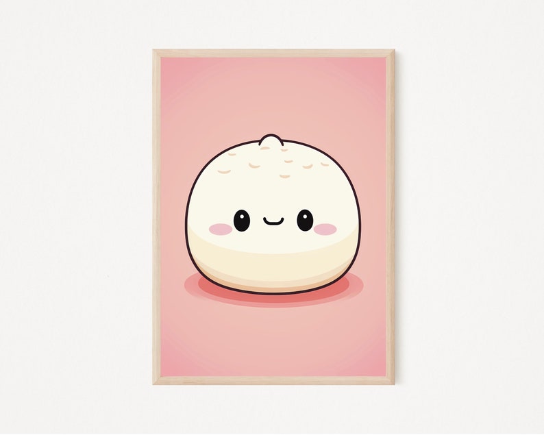 Cute Kawaii Bao Bun Pink Poster Printable Wall Art, Food Illustration ...