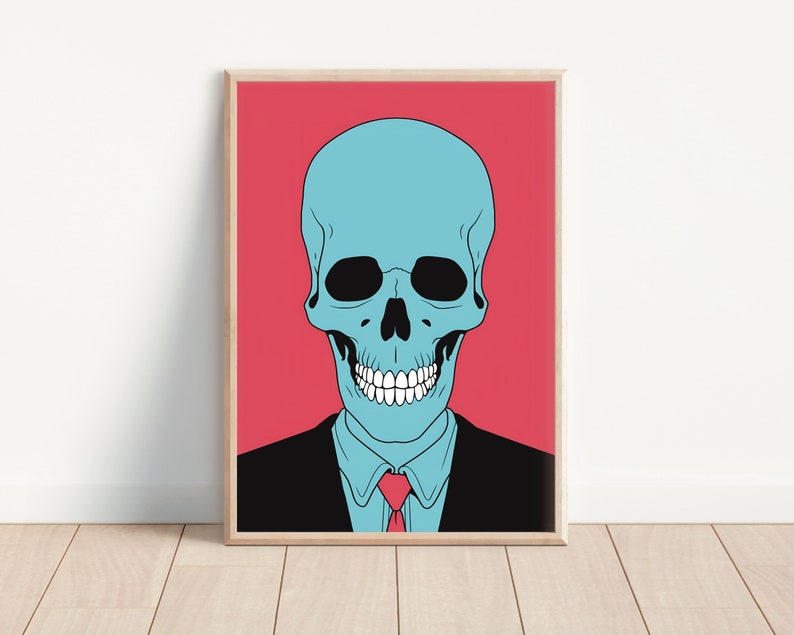 Impresión de dibujos animados de hombre de negocios con calaveras, arte ...