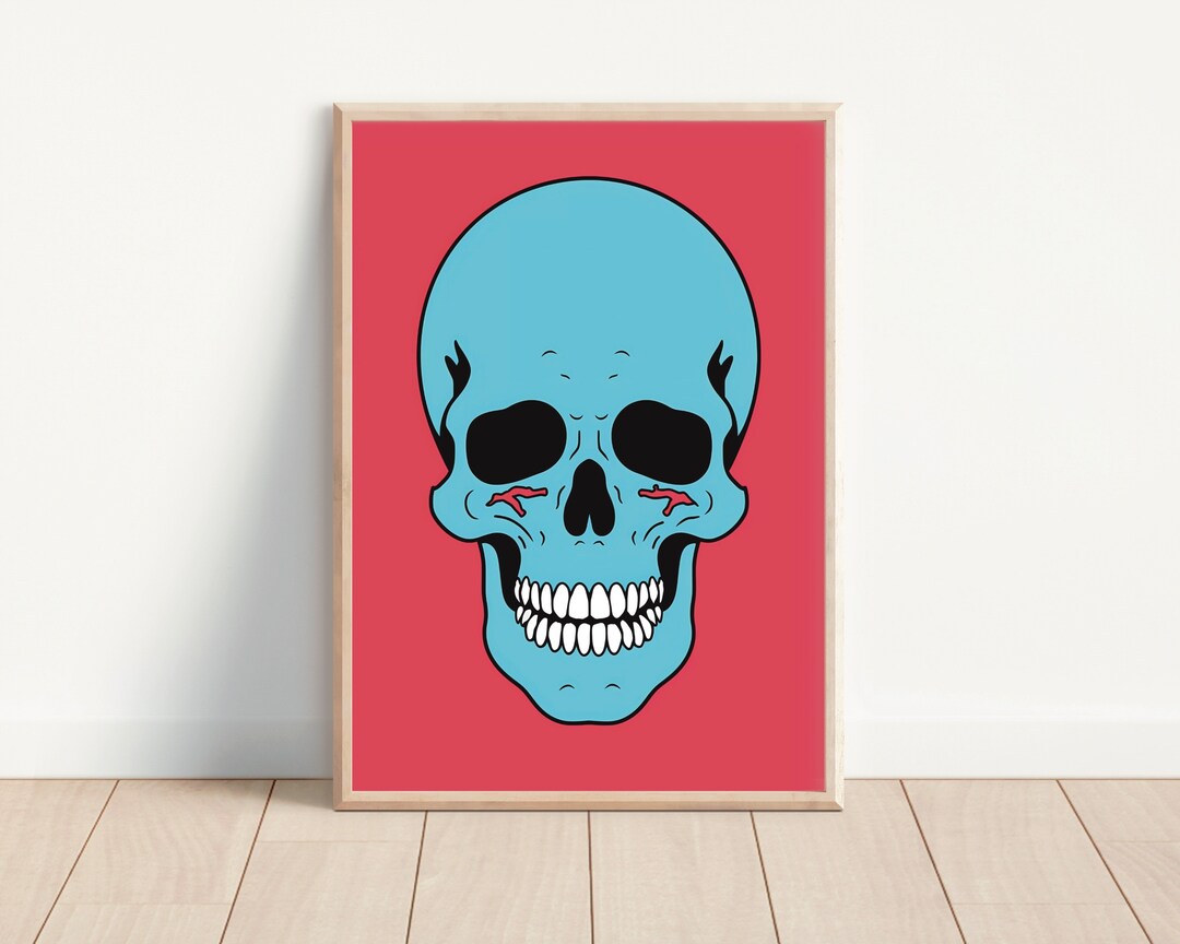 Blue Skull Cartoon Print | Instant Download, Modern Art, Comic, Scary ...