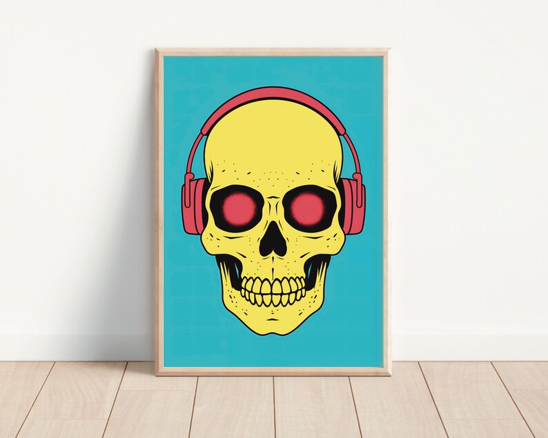 Póster imprimible de dibujos animados de calavera con auriculares, arte ...