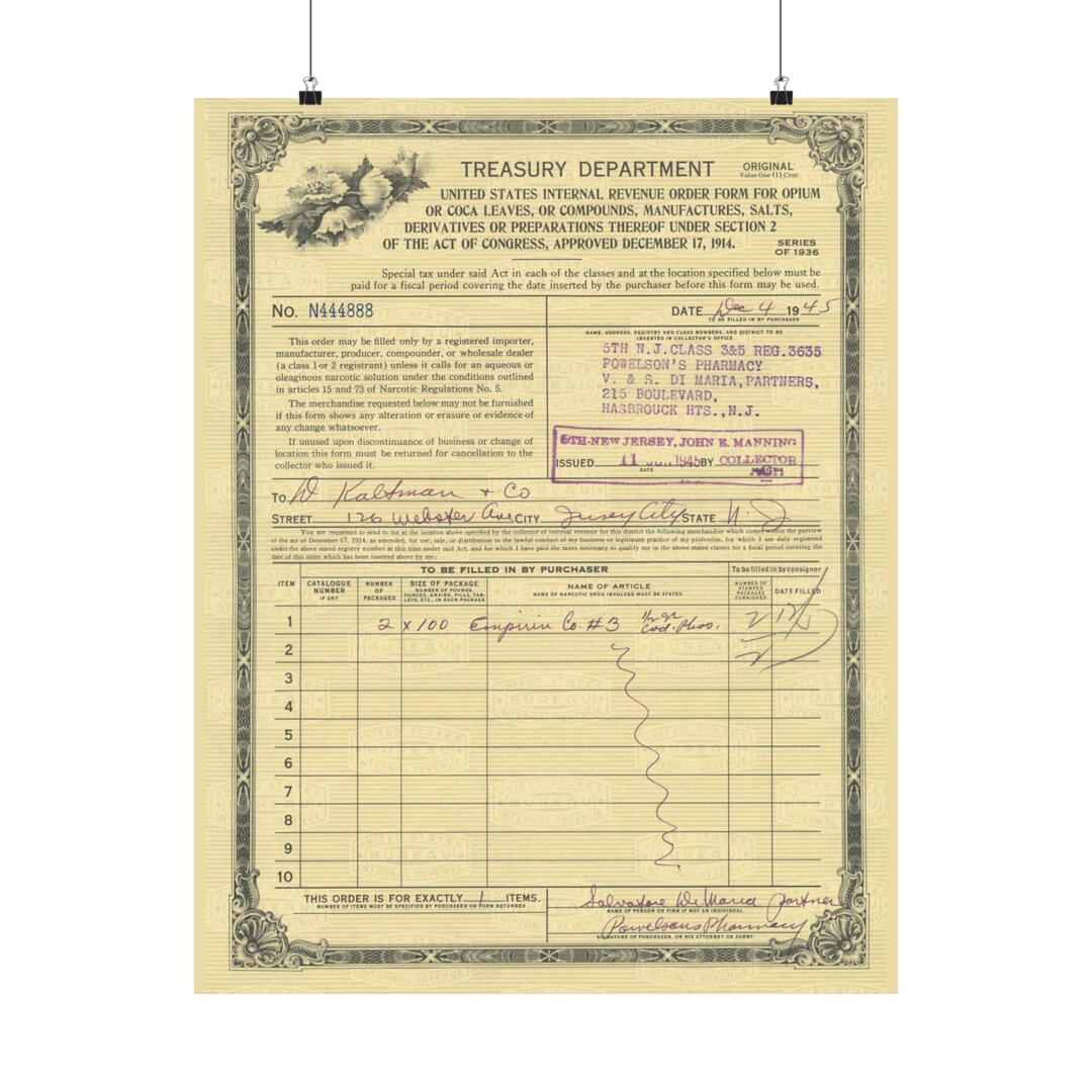 Vintage-inspired IRS Order Form for Opium / Coca Leaves Reproduction ...
