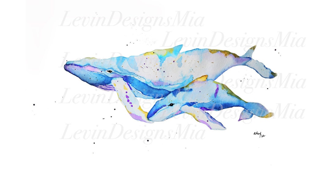 Blue Whale Watercolor Digital Print, Mother and Baby Whale, Wall Art ...