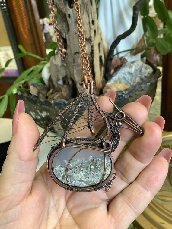 Hand warped in copper Dragon guarding Moss agate drag… - Gem