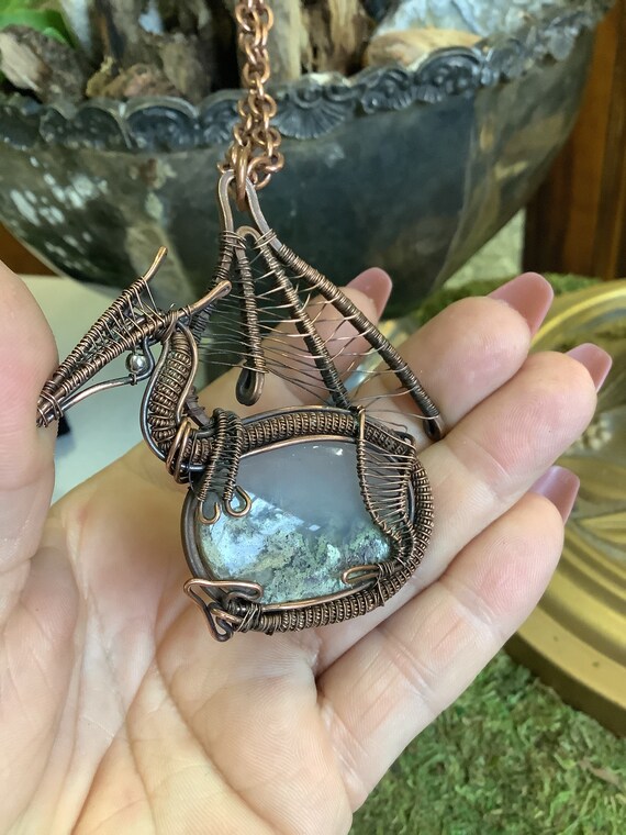 Hand warped in copper Dragon guarding Moss agate drag… - Gem