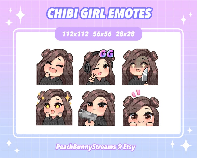 Cute Chibi Girl Twitch Discord Emote Pack Set 2 Gaming Streamer Kawaii