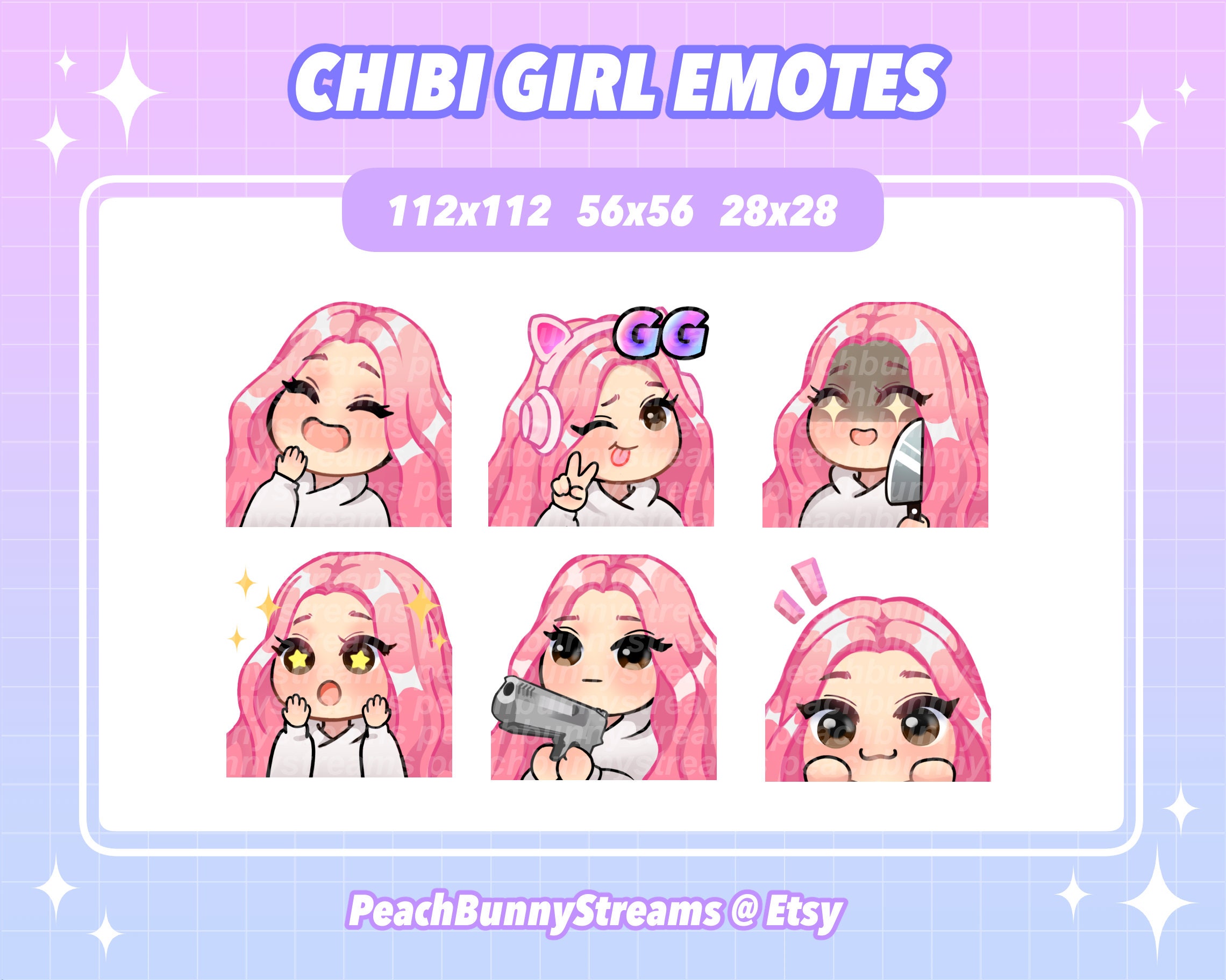Cute Chibi Girl Twitch Discord Emote Pack Set 2 Gaming Streamer