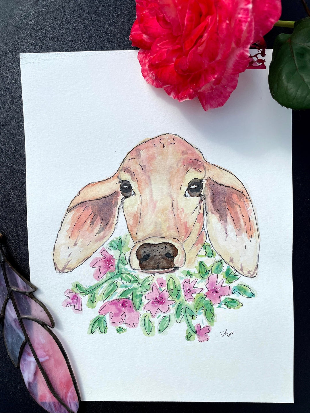 Baby Brahman Cow Calf With Flowers Watercolor Painting Art Print ...