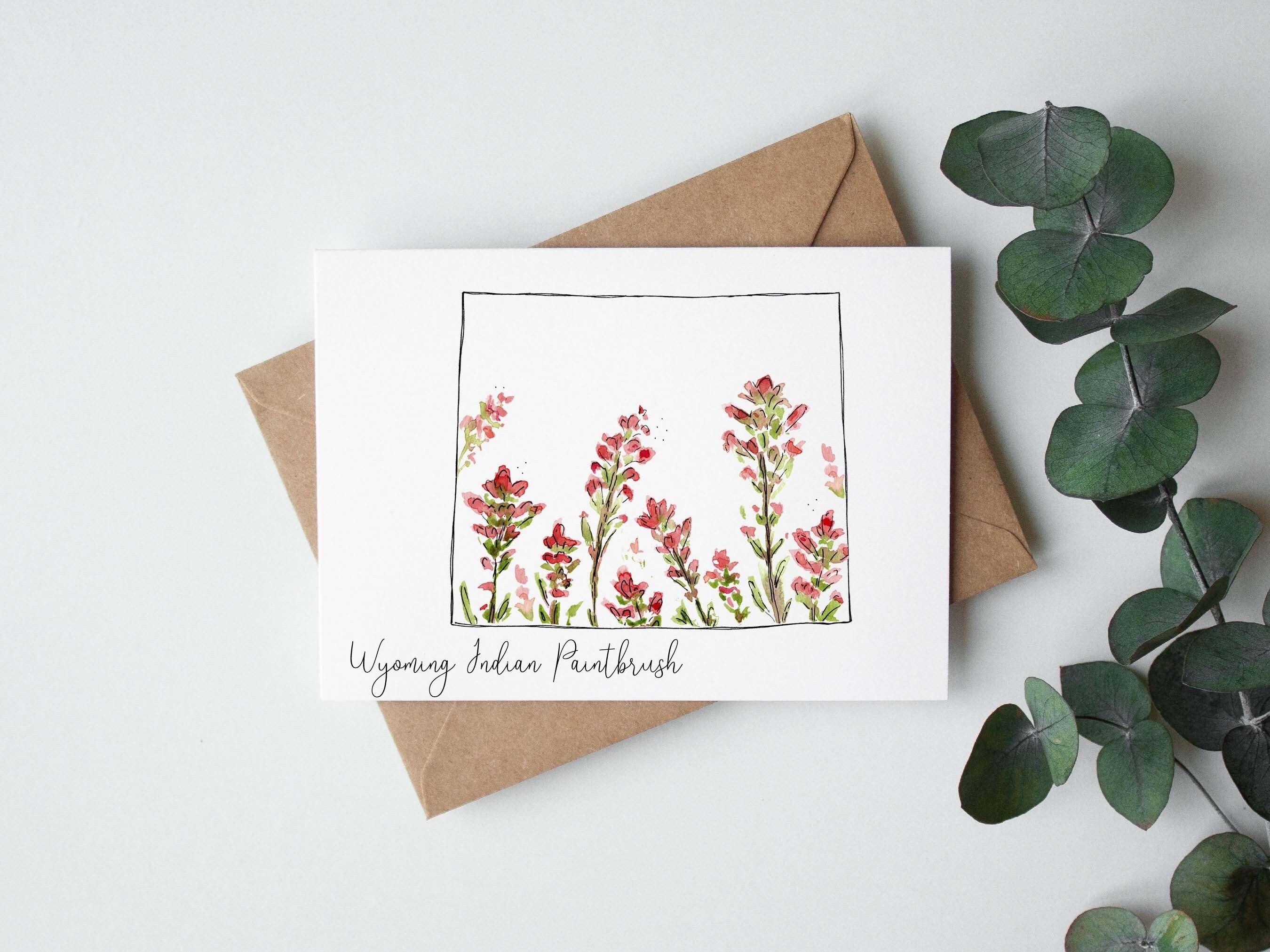 Wyoming Indian Paintbrush Flower Watercolor State Silhouette Greeting ...