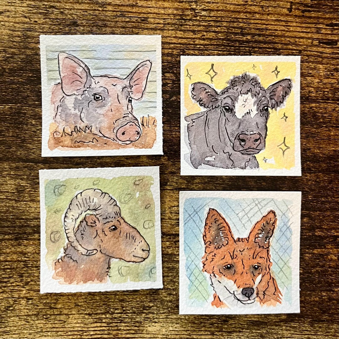 Mini 2" Square Watercolor Animal Portrait-- YOU CHOOSE, Farm Animal ...