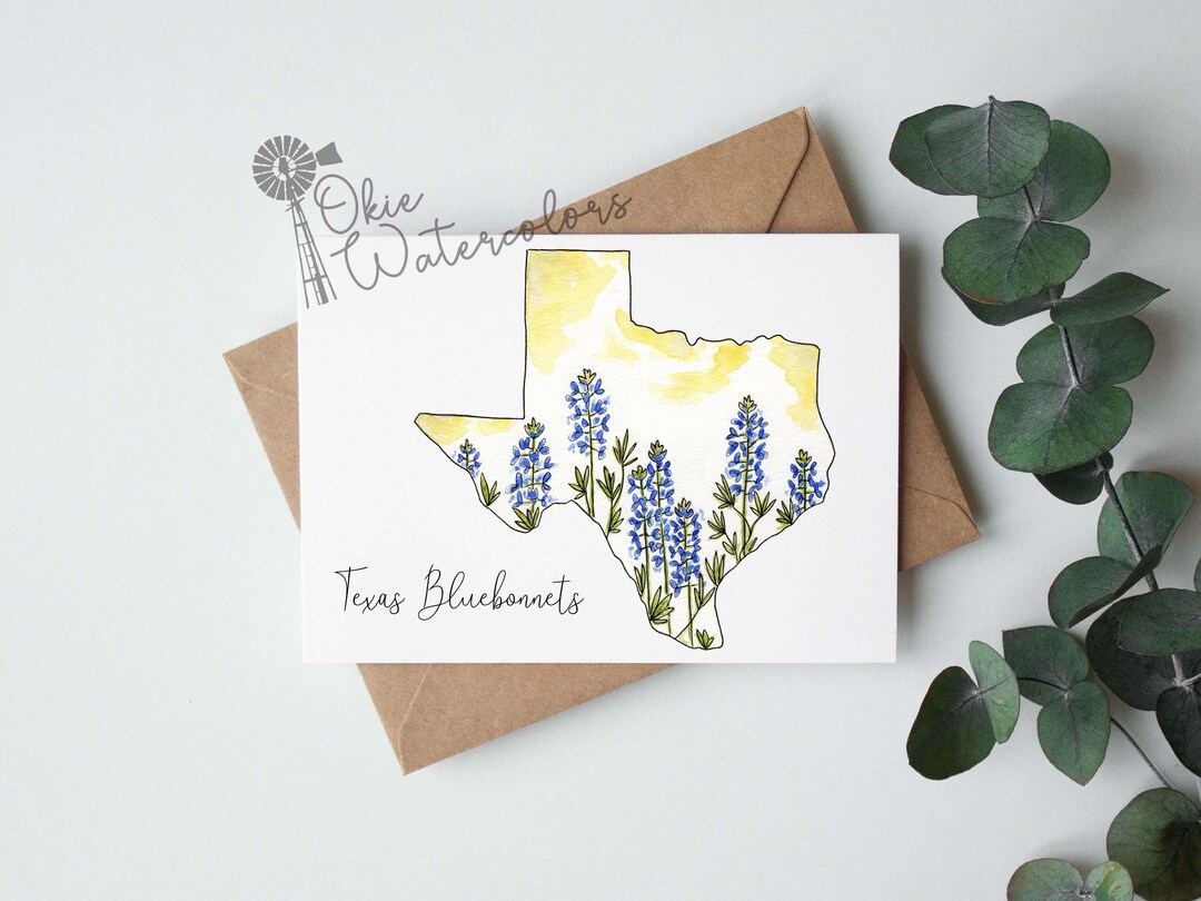 Texas Bluebonnet Watercolor State Silhouette Greeting Card, State ...